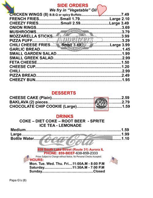 Papa G's menu in Aurora, Illinois, USA