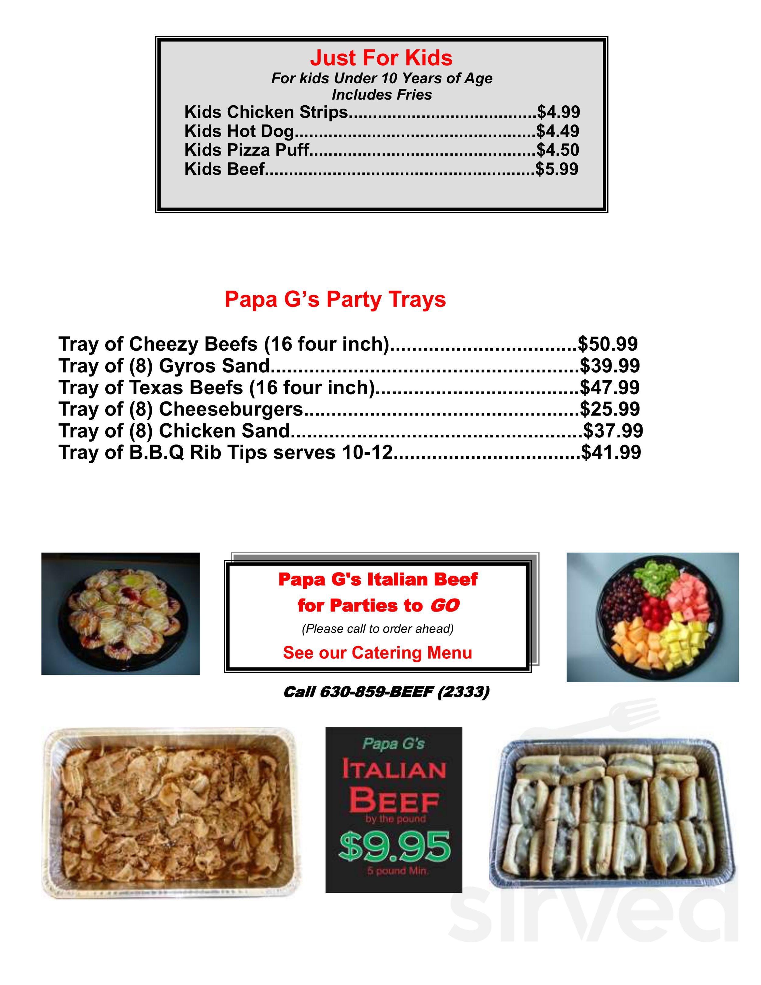 Papa G's menu in Aurora, Illinois, USA