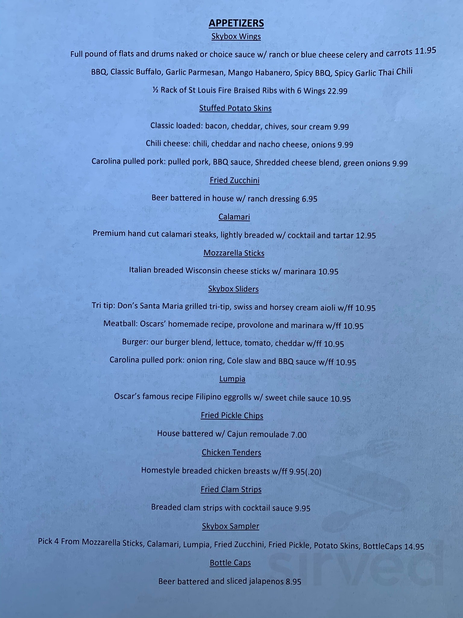 Menu - Winchester CA's Skybox Grill & Tavern | Sirved