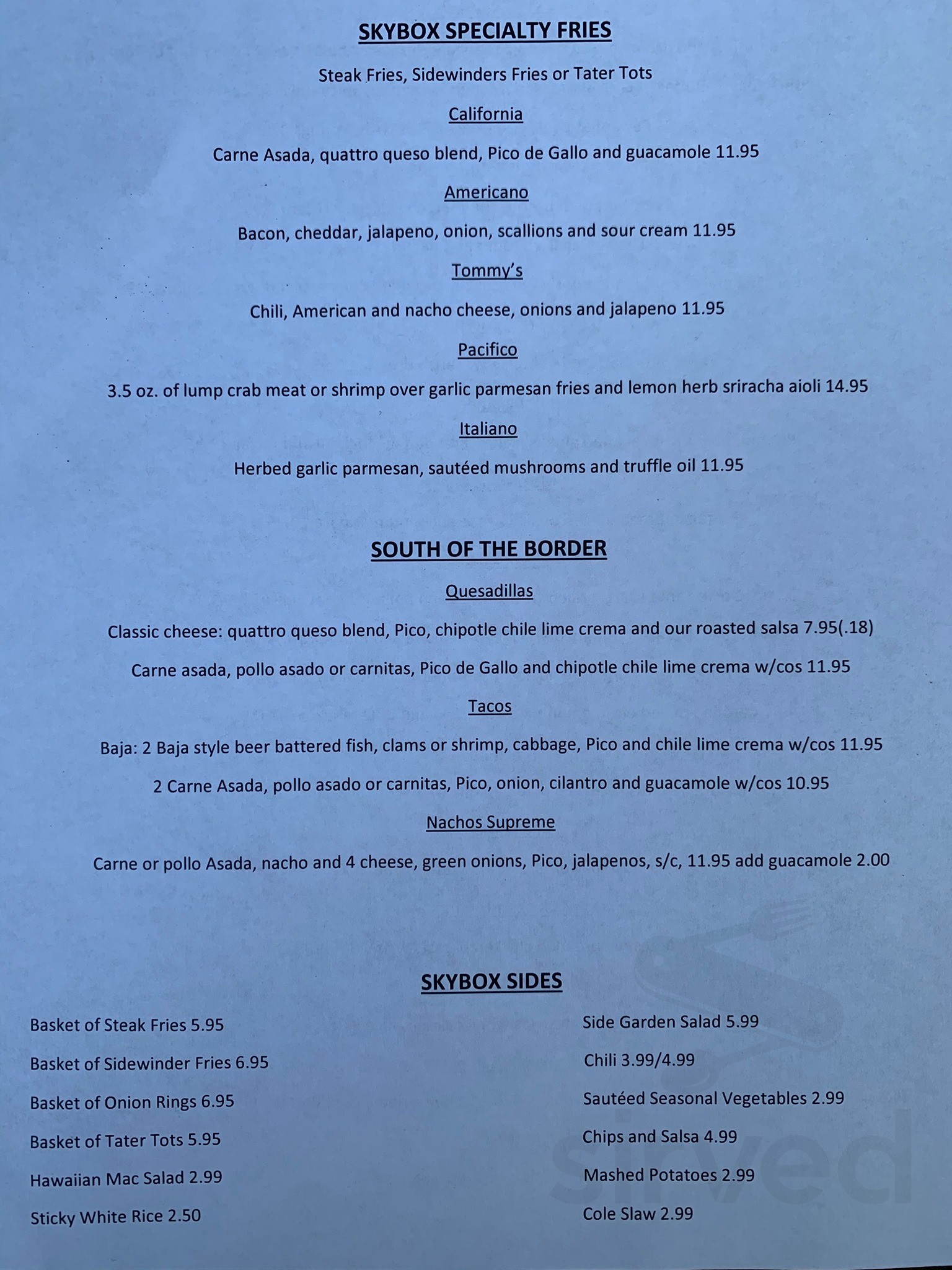 Menu - Winchester CA's Skybox Grill & Tavern | Sirved