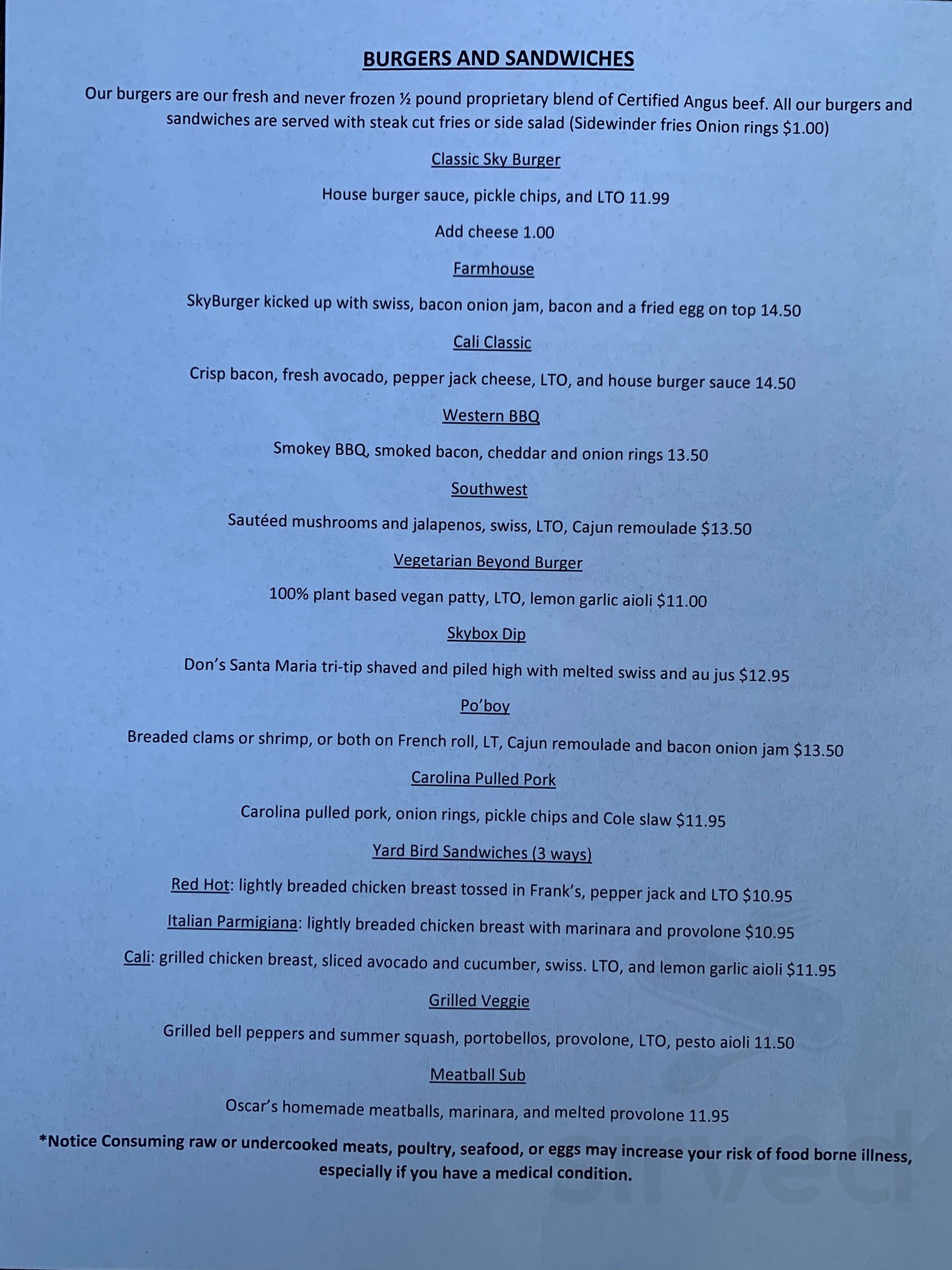 Menu - Winchester CA's Skybox Grill & Tavern | Sirved