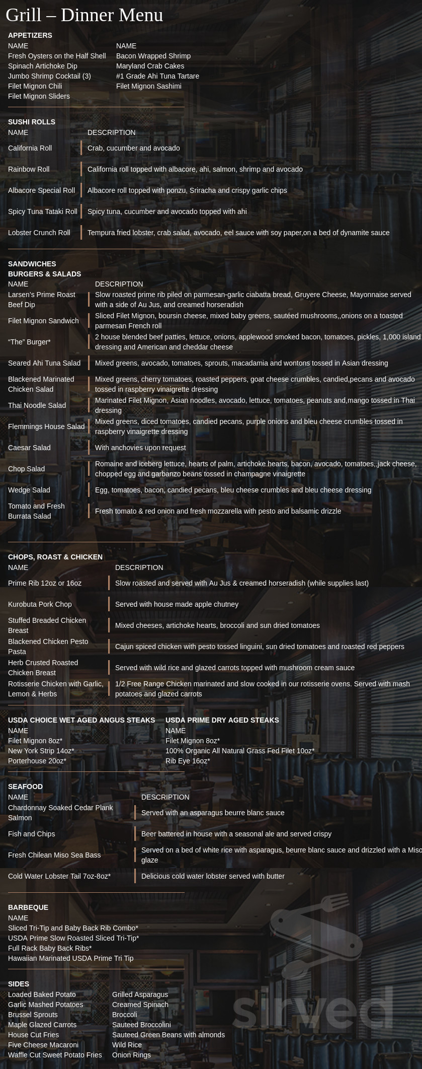 Larsen's Steakhouse menu in Woodland Hills, California, USA