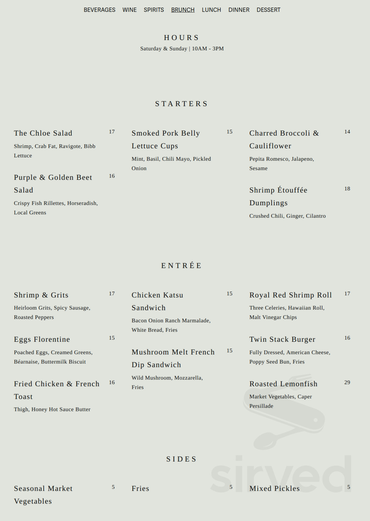 Restaurant and Bar at The Chloe menu in New Orleans, Louisiana, USA