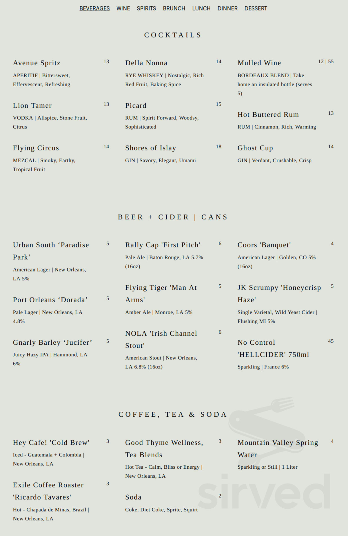 Restaurant and Bar at The Chloe menu in New Orleans, Louisiana, USA