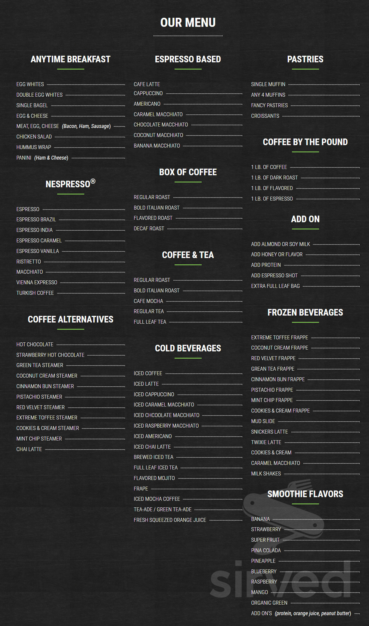 InHouse Coffee menu in Worcester, Massachusetts, USA