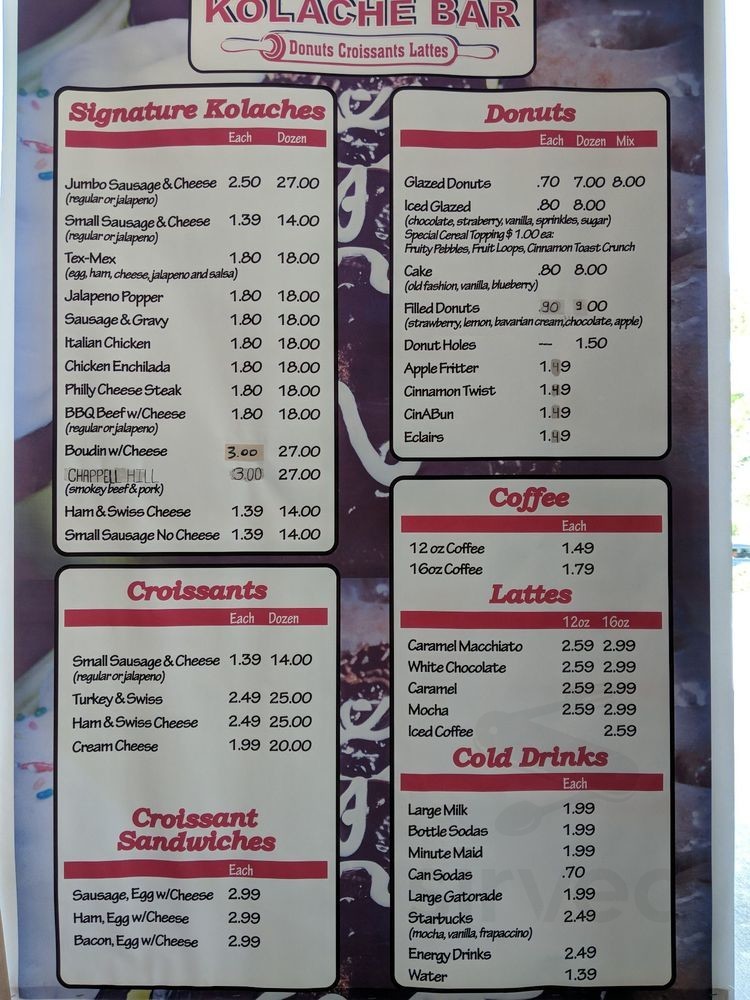 Kolache Bar menu in Houston, Texas, USA