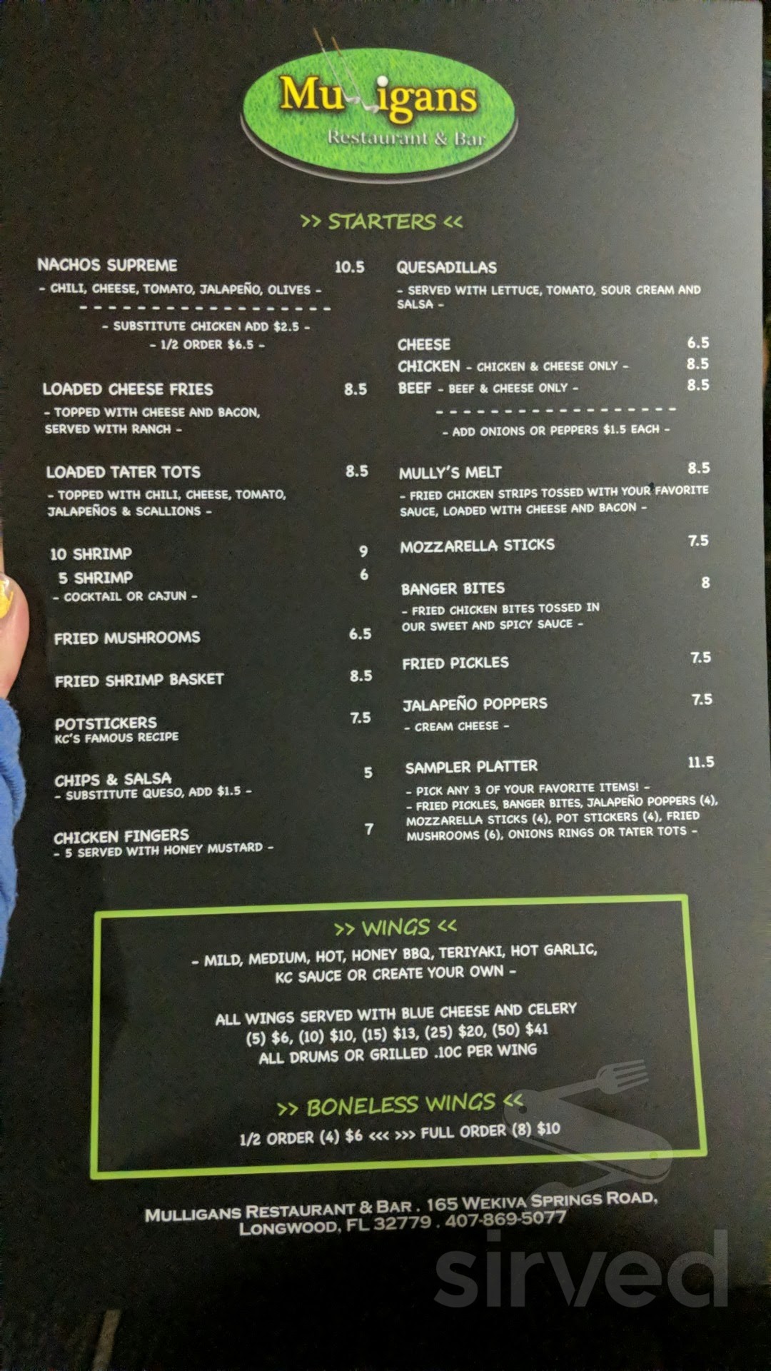 Mulligan's menu in Longwood, Florida, USA