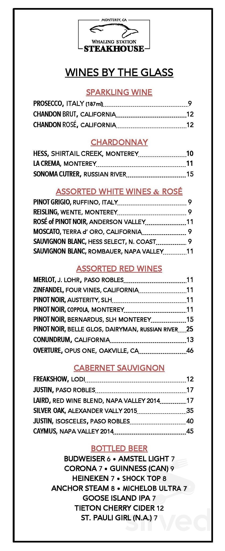 Whaling Station restaurant menu in Monterey, California, USA