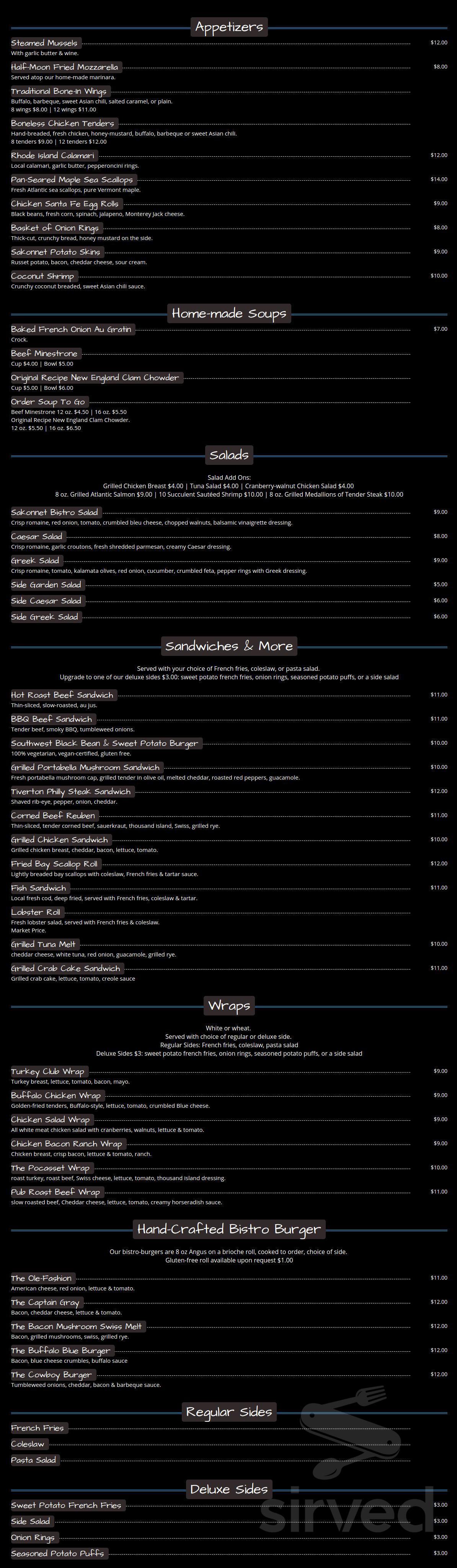 Sakonnet River Grille menu in Tiverton, Rhode Island, USA