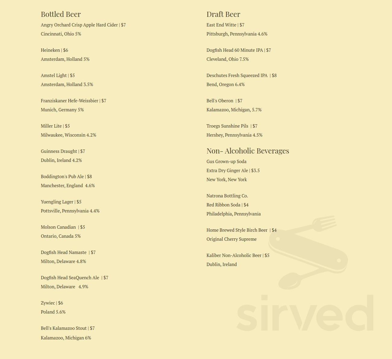 Eleven menu in Pittsburgh, Pennsylvania, USA