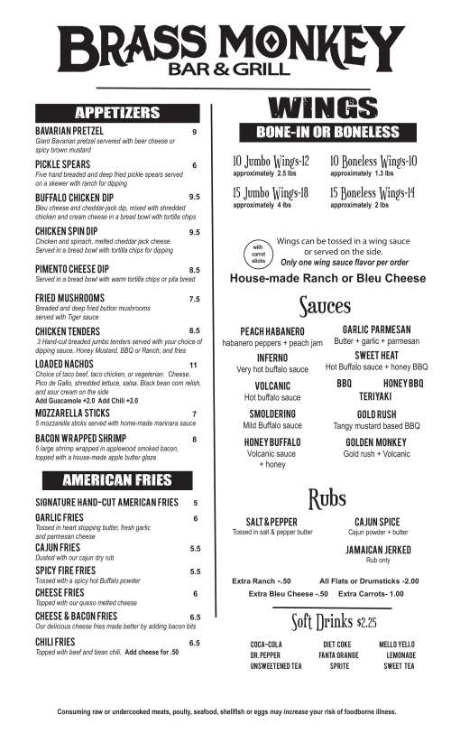 Brass Monkey menu in Greenville, South Carolina, USA