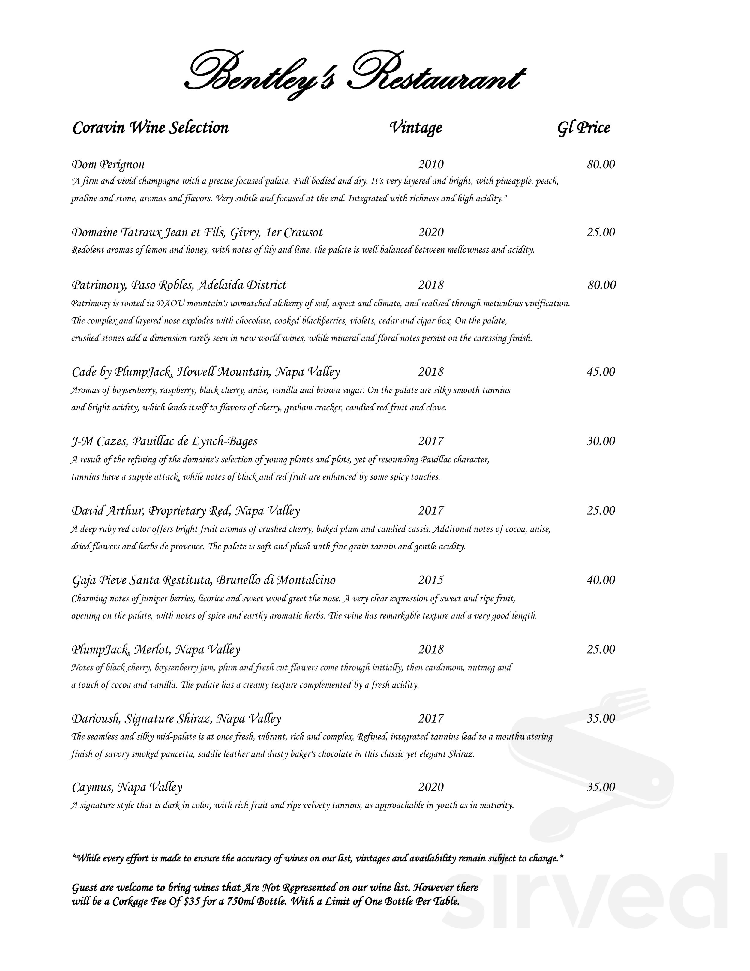 Menu for Bentley's Restaurant in Charlotte, NC | Sirved