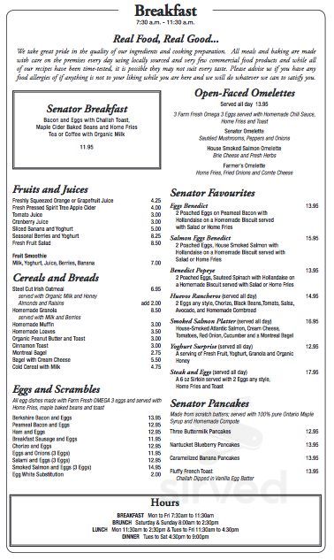 The Senator menu in Toronto, Ontario, Canada