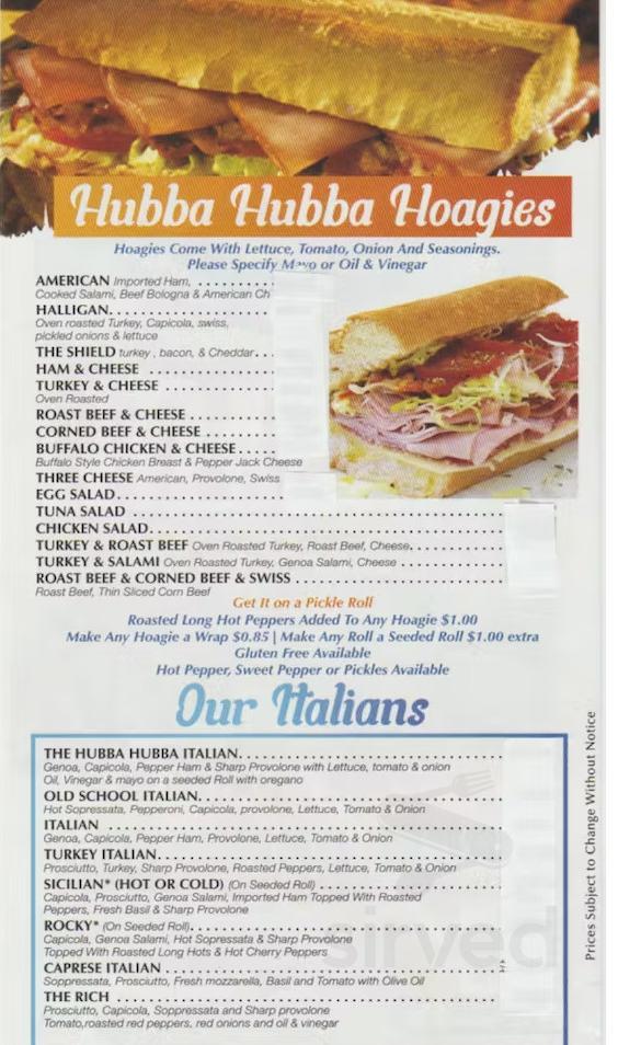 Hubba Hubba Hoagies menu in Langhorne, Pennsylvania, USA