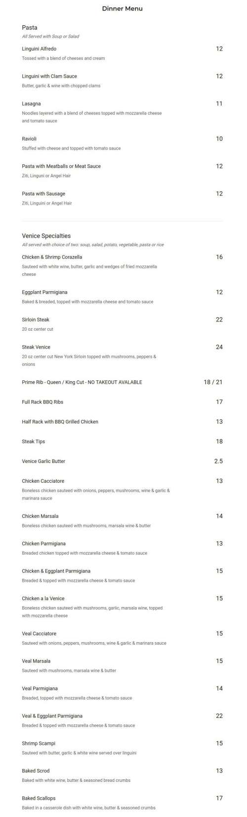 Cafe Venice menu in Norwood, Massachusetts, USA