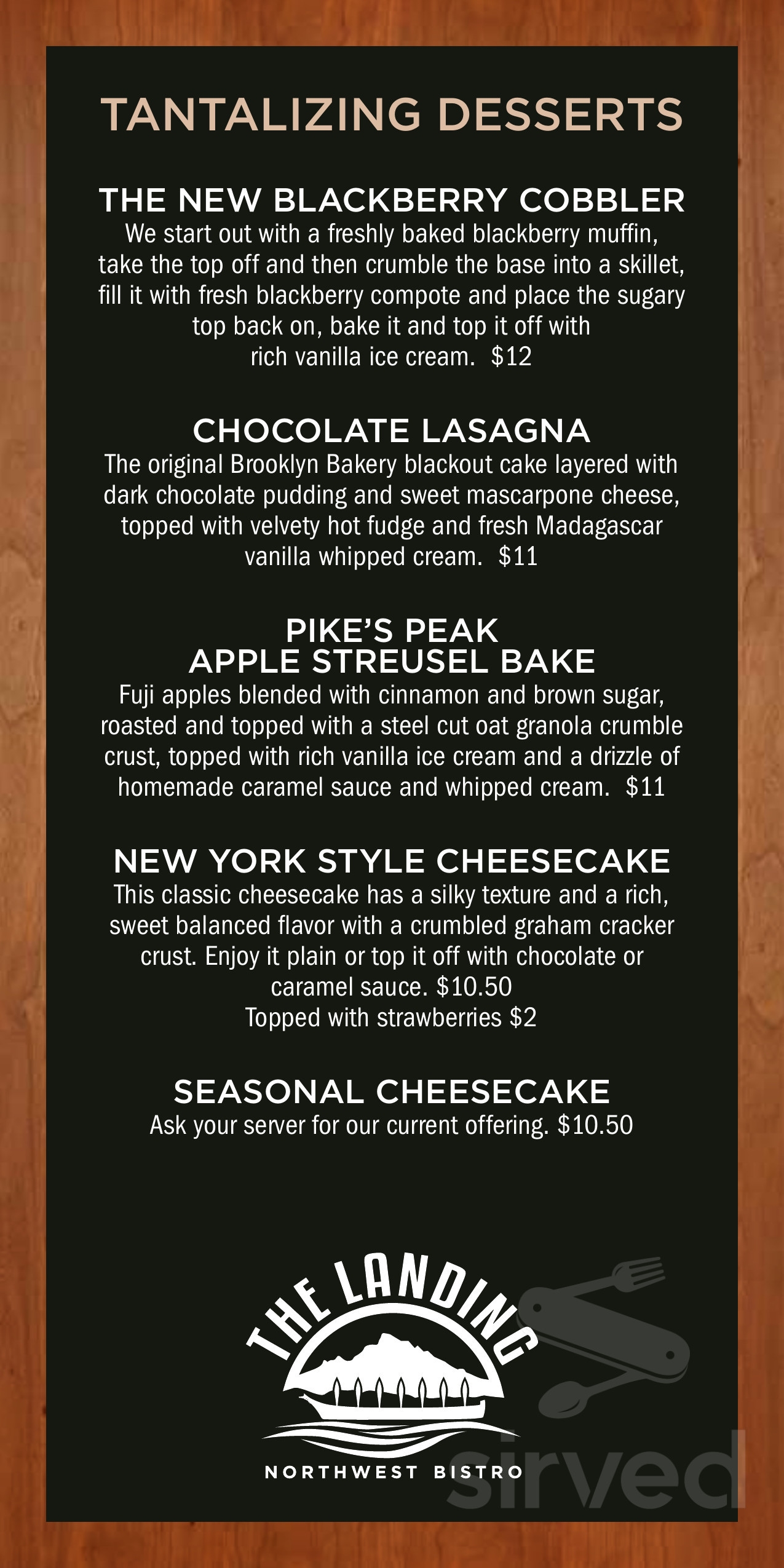 The Landing menu in Tulalip, Washington, USA