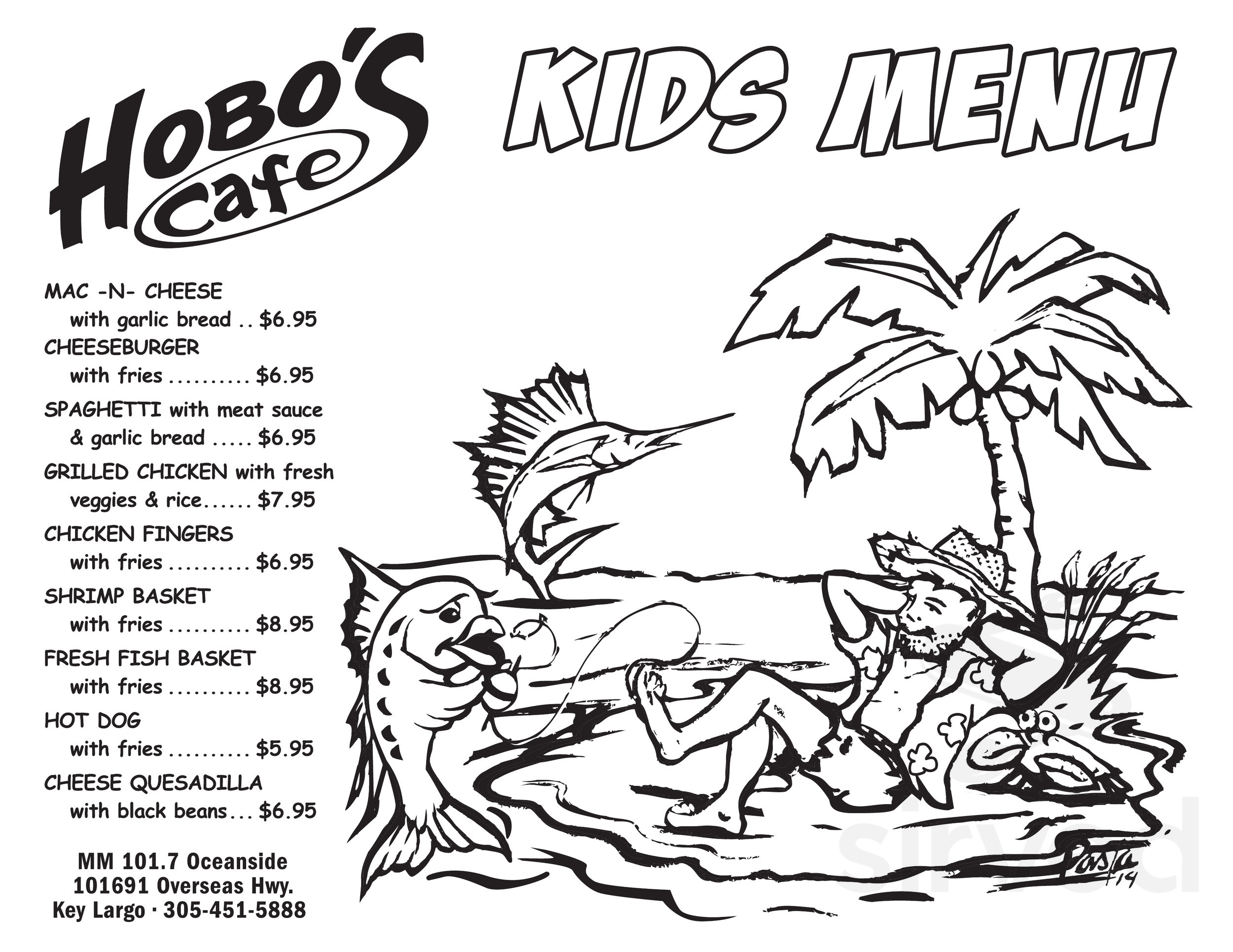 Hobo's Cafe menu in Key Largo, Florida, USA
