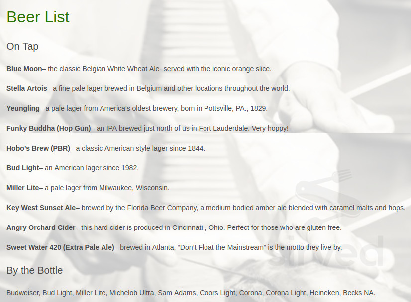 Hobo's Cafe menu in Key Largo, Florida, USA