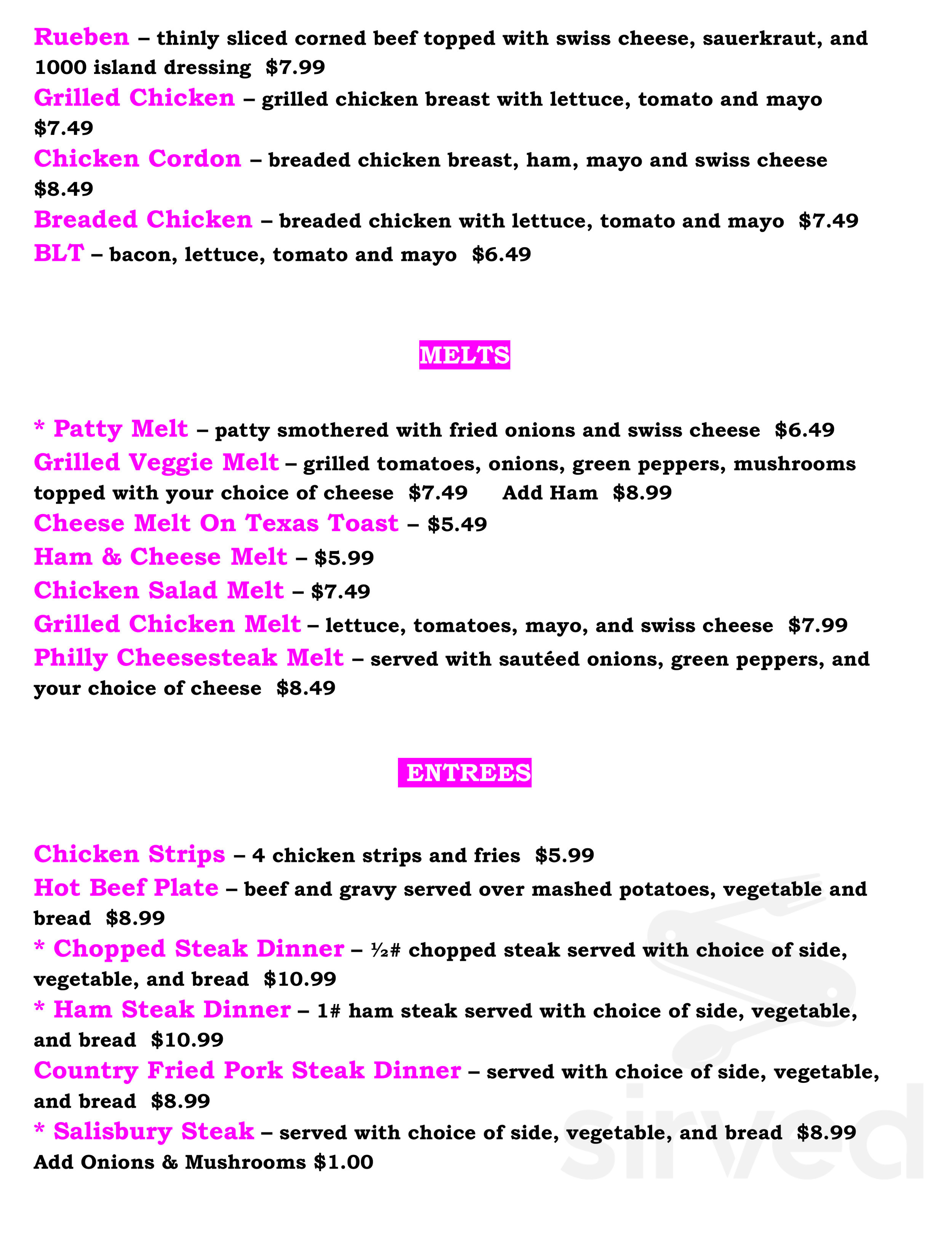 Oink's Restaurant menu in Neenah, Wisconsin, USA