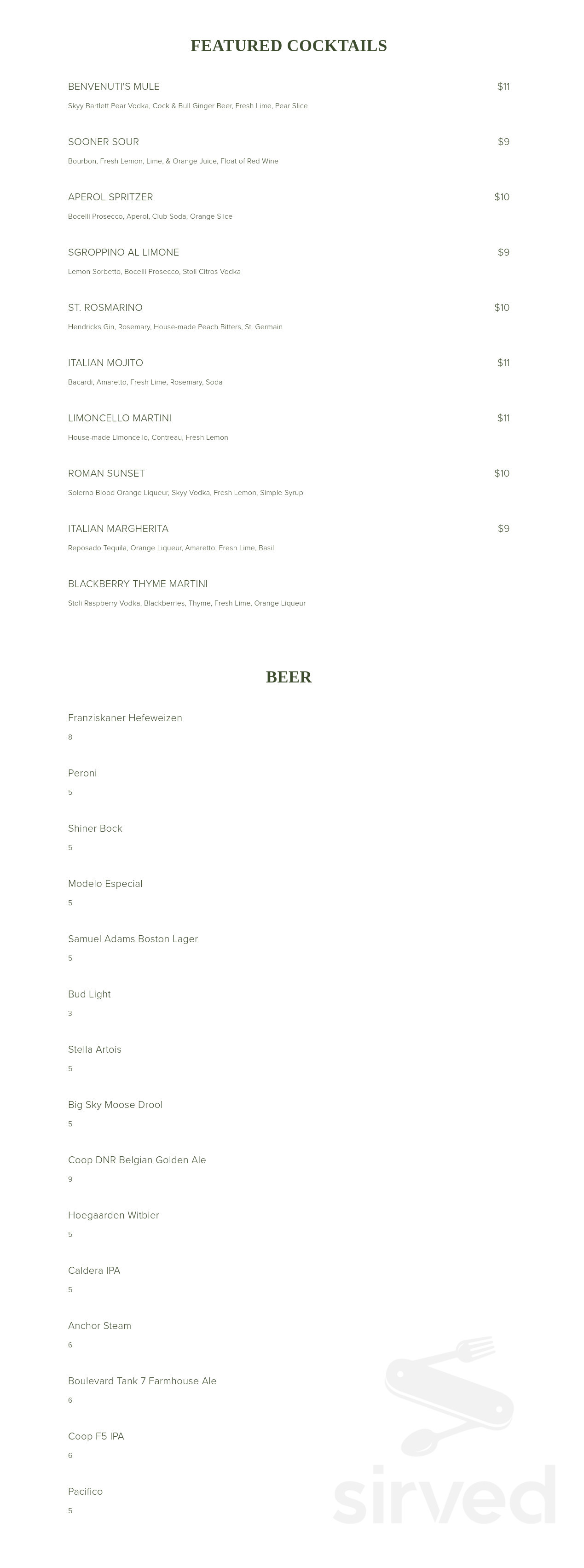 Benvenuti's menu in Norman, Oklahoma, USA
