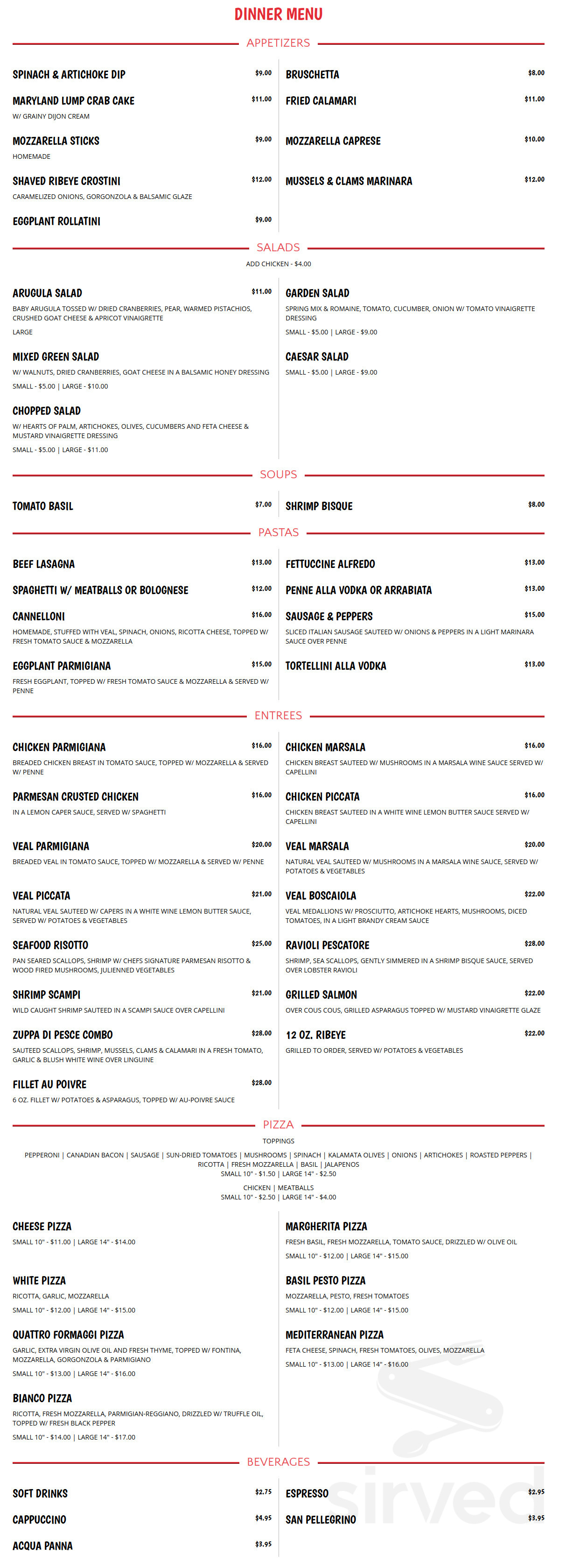 Pane Vino Italian Bistro menu in Allen, Texas, USA