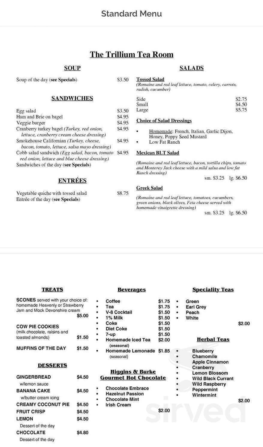 Menu for The Trillium Tea Room in Vankleek Hill, ON | Sirved