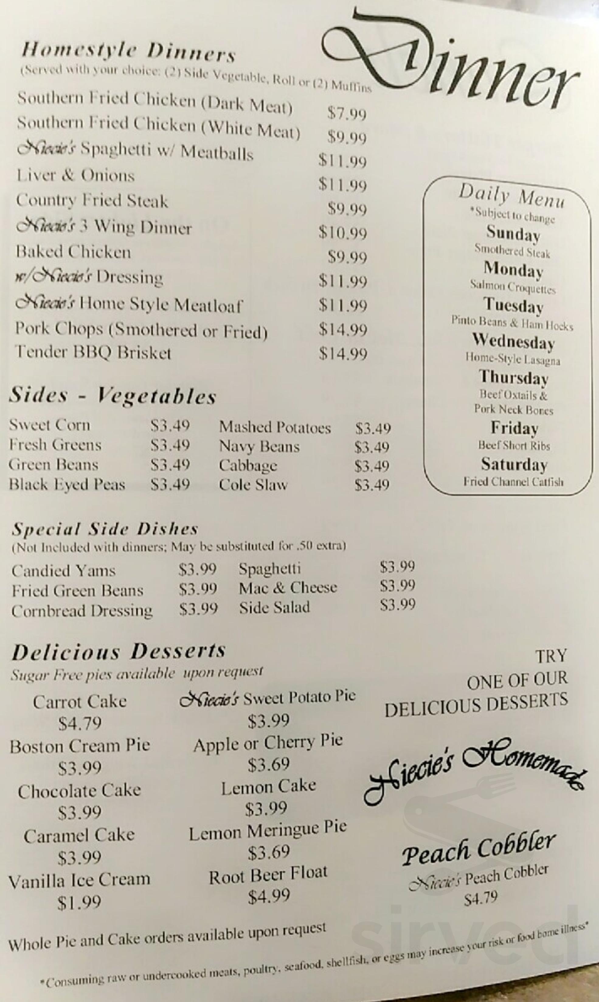 Niecie's Restaurant menu in Kansas City, Missouri, USA