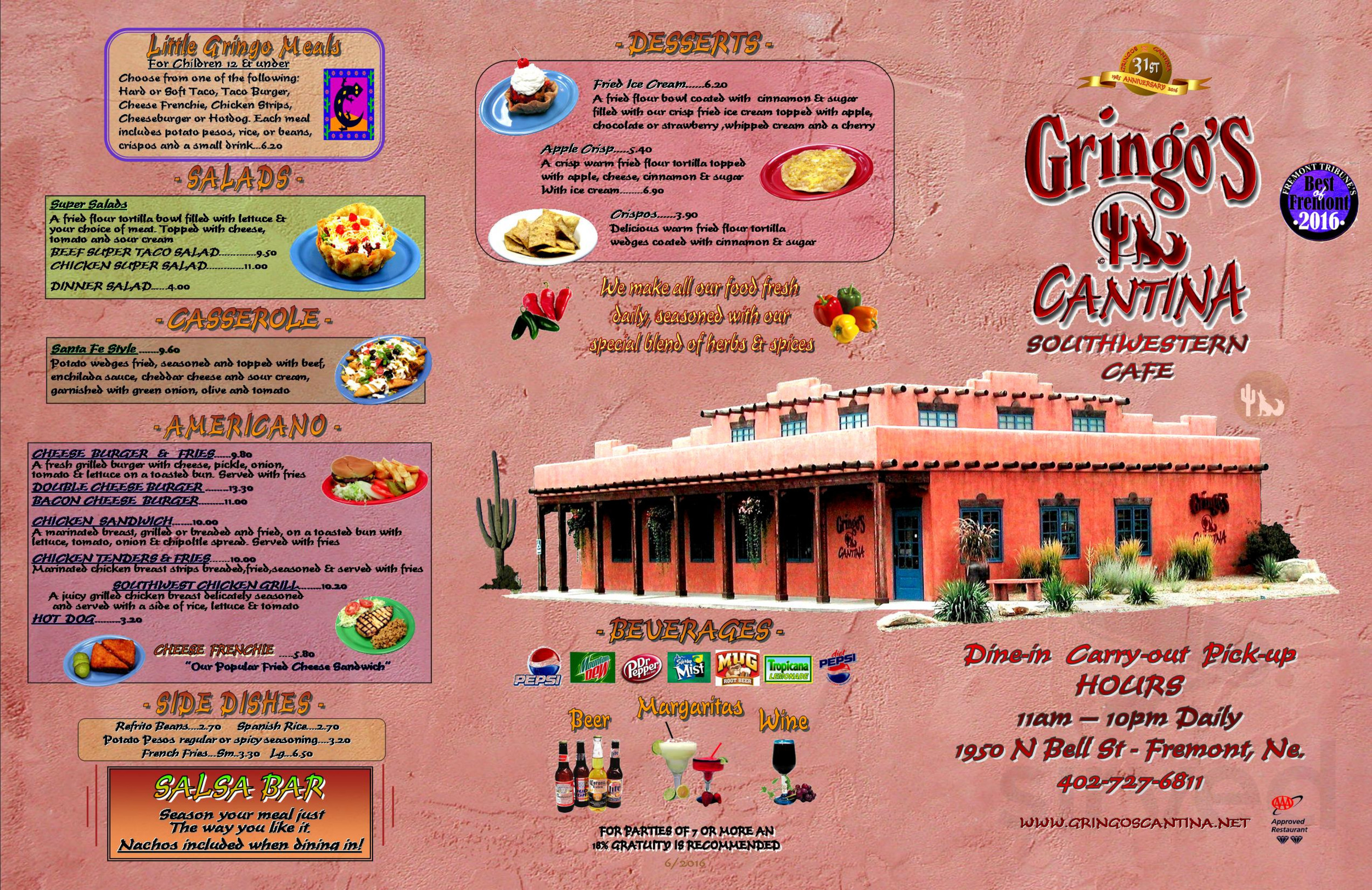 Gringo's Cantina menu in Fremont, Nebraska, USA