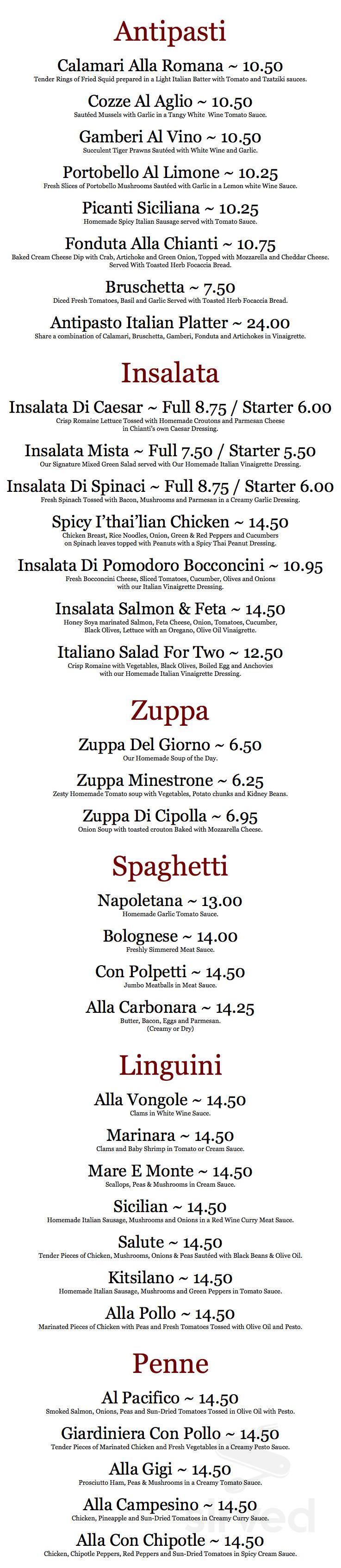 Chianti Cafe & Restaurant menu in Calgary, Alberta, Canada