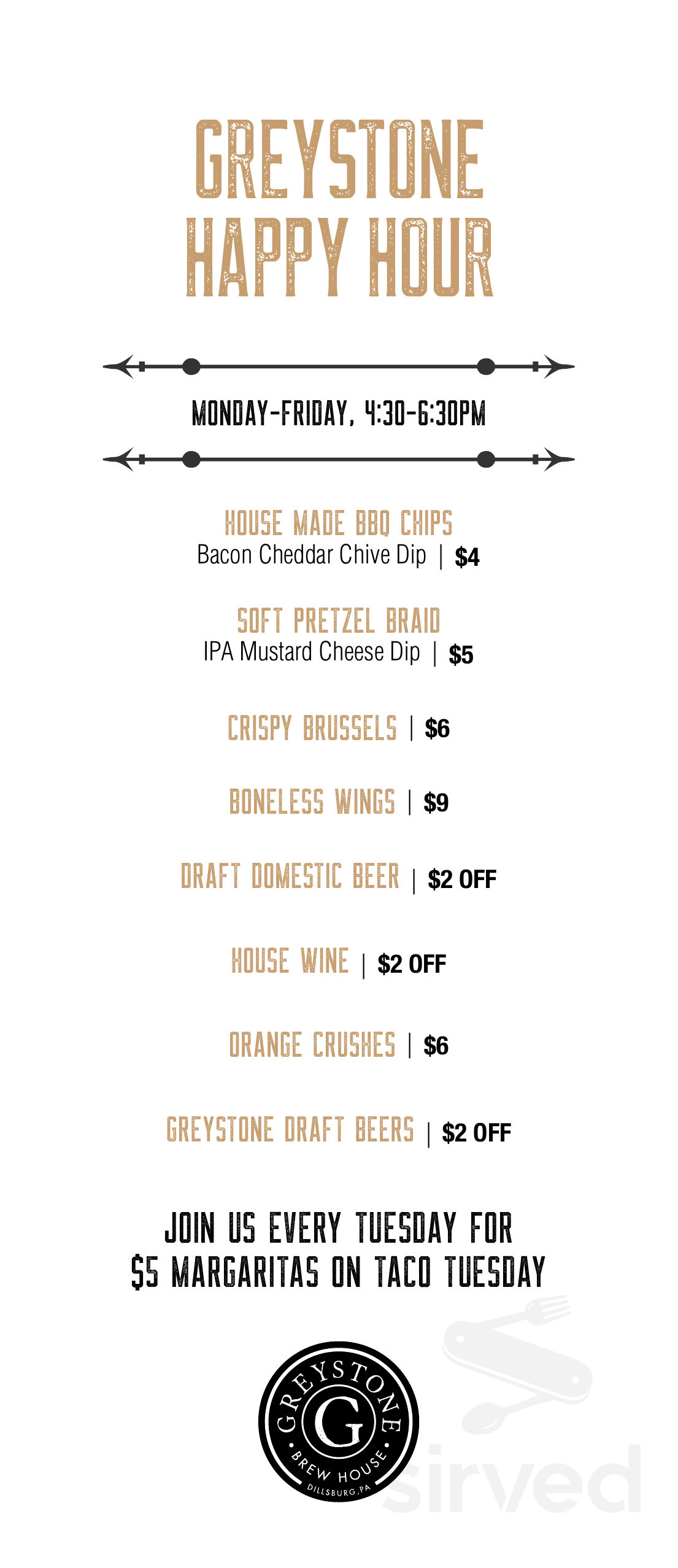 Greystone Brew House menu in Dillsburg, Pennsylvania, USA