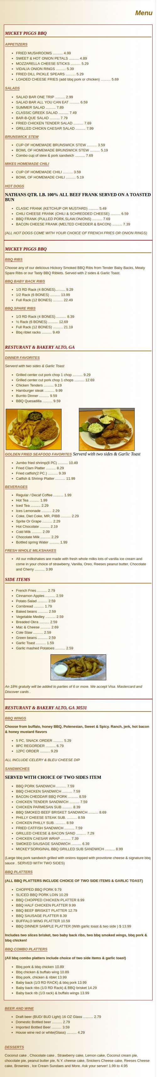 Mickey Pigg's BBQ menu in Alto, Georgia, USA