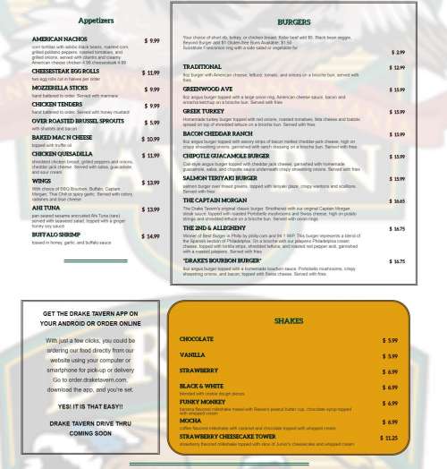 The Drake Tavern menu in Jenkintown, Pennsylvania, USA