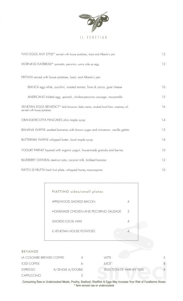 Il Venetian menu in Cleveland, Ohio, USA