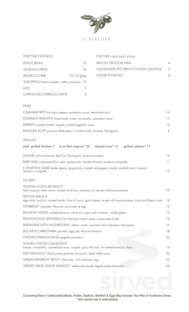 Il Venetian menu in Cleveland, Ohio, USA