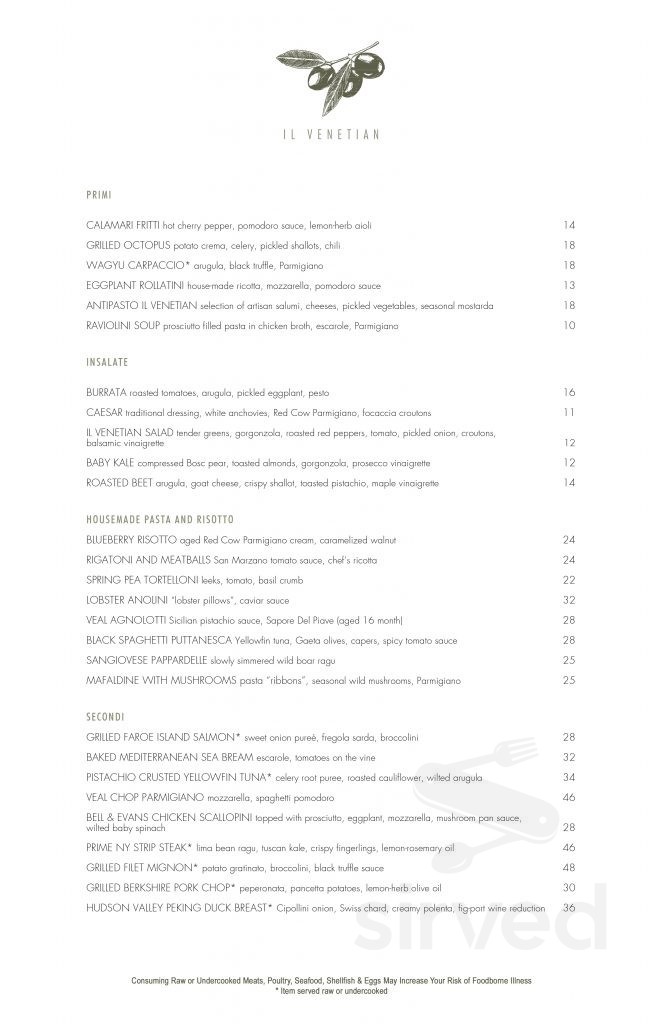 Il Venetian menu in Cleveland, Ohio, USA