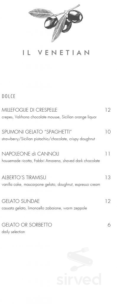 Il Venetian menu in Cleveland, Ohio, USA