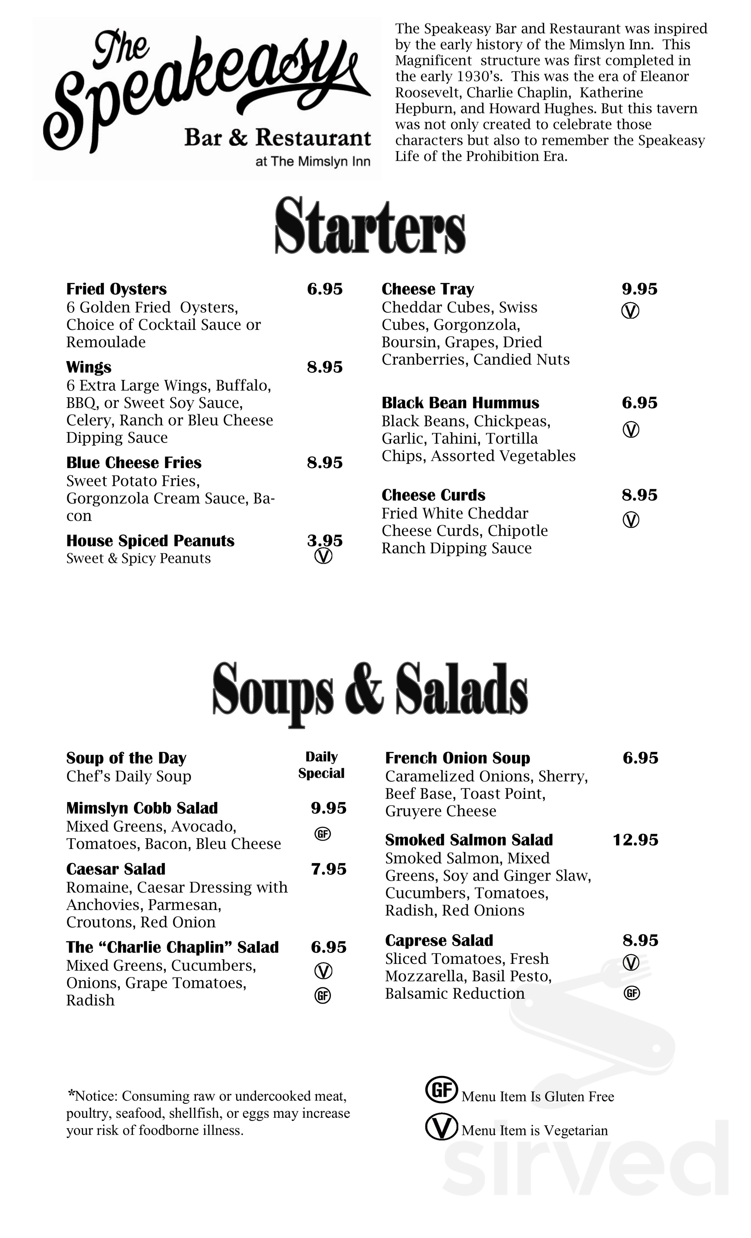 Menu For The Speakeasy Bar Restaurant In Luray VA Sirved