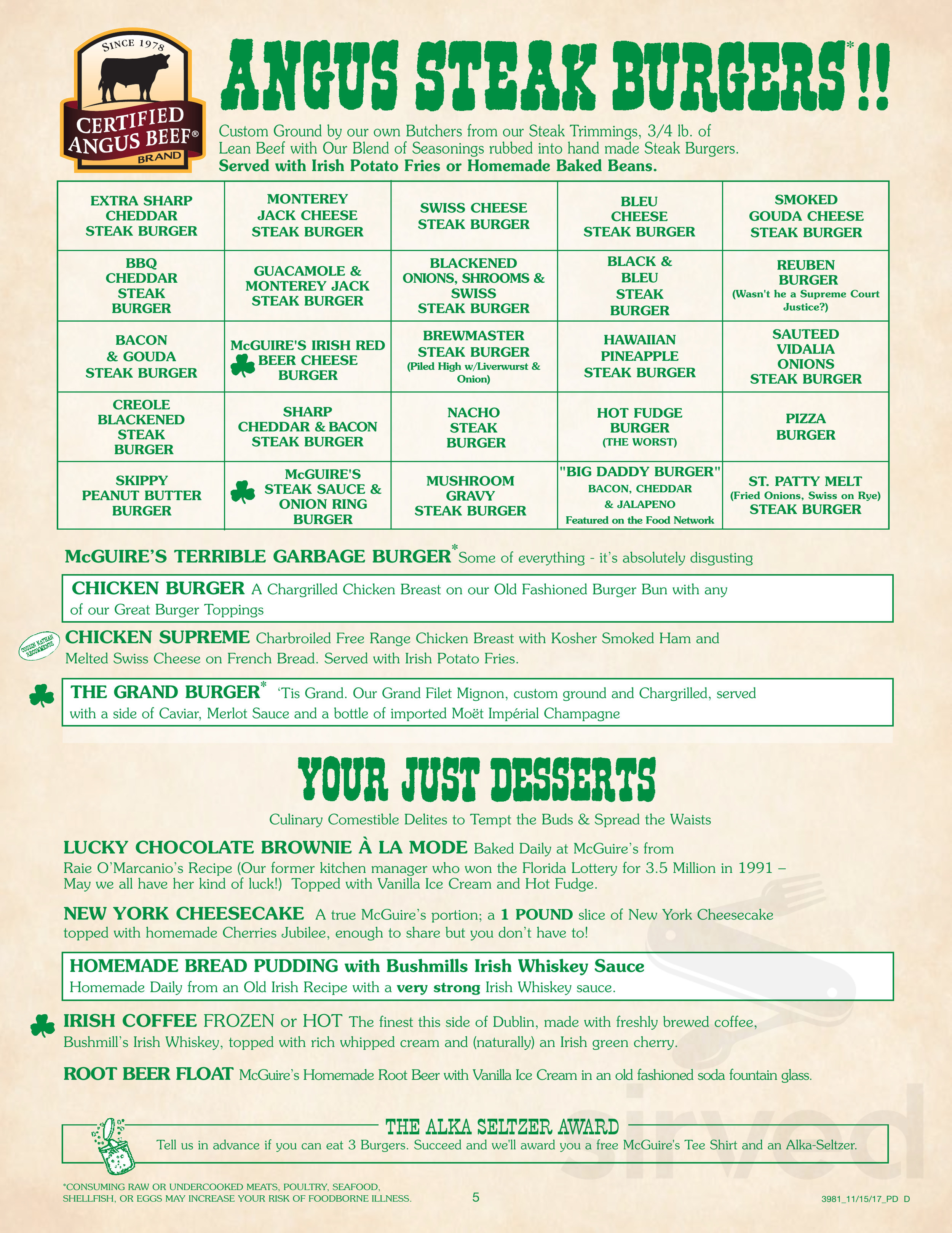 Menu - Pensacola FL's McGuire's Irish Pub | Sirved