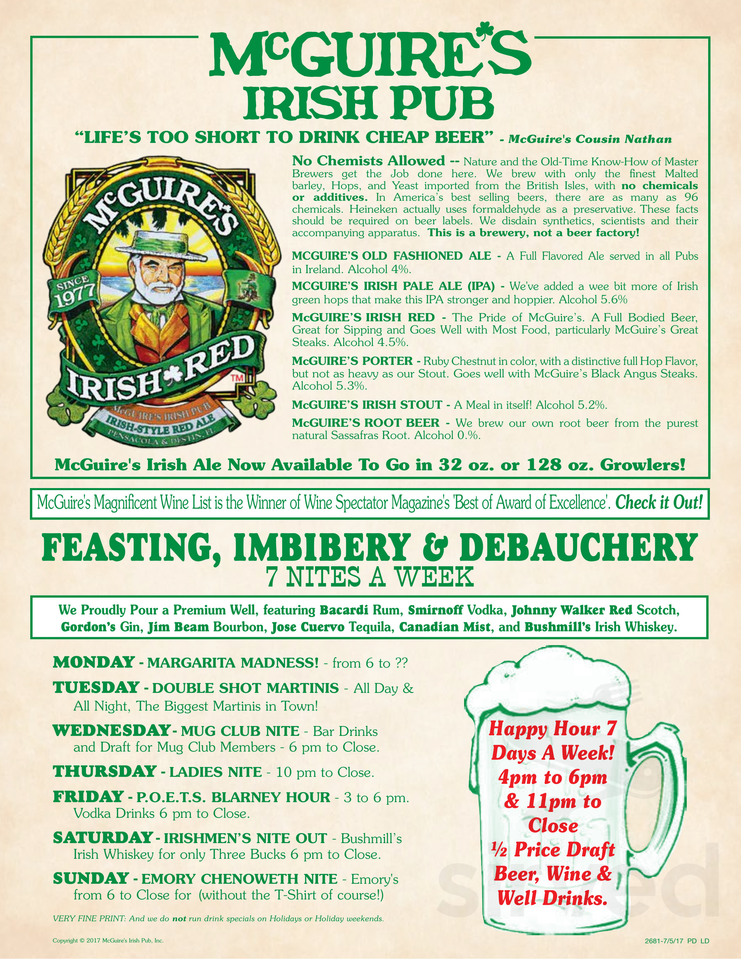 McGuire's Irish Pub Menu - Pensacola, Florida | Sirved