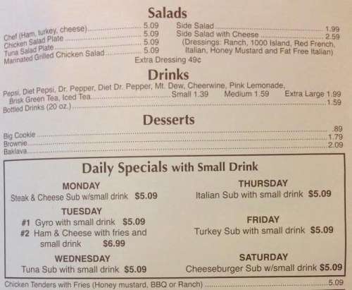 Archdale Subs menu in Archdale, North Carolina, USA