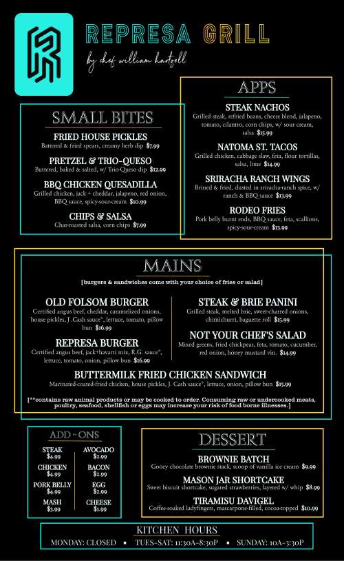 Folsom Dam Bar menu in Folsom, California, USA