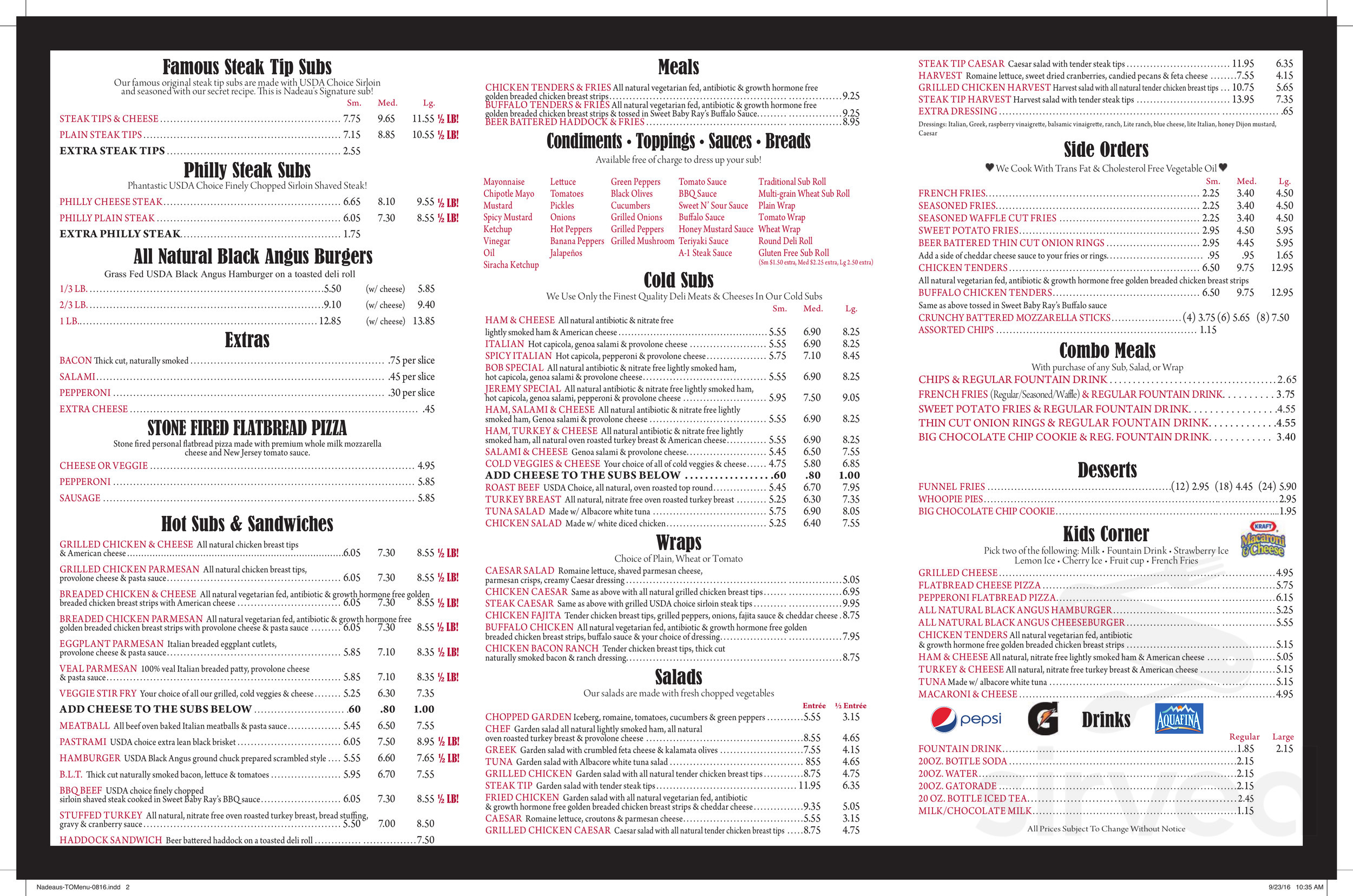 Nadeau's Subs Salads Wraps menus in Concord, New Hampshire, United States
