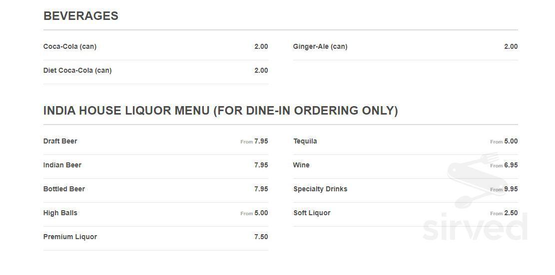 India House Restaurant menu in Regina, Saskatchewan, Canada