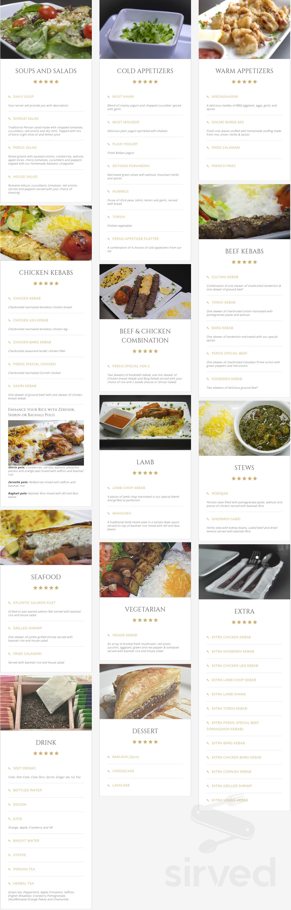 Persis grill menu in Ottawa, Ontario, Canada