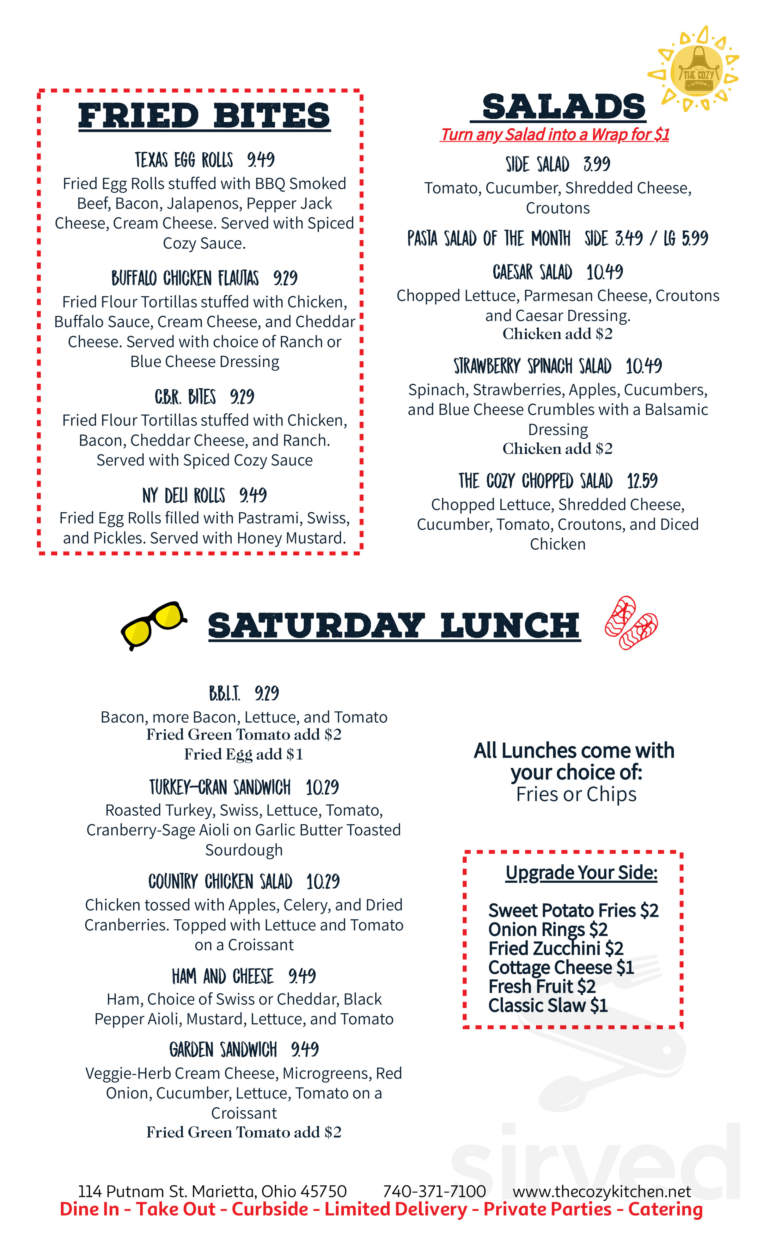 Menu - Marietta OH's The Cozy Kitchen | Sirved