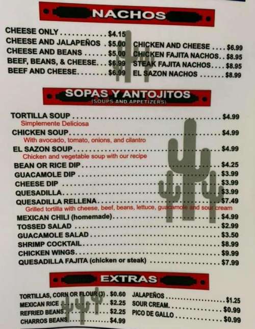 El Sazon Mexican Restaurant menu in Jefferson City, Tennessee, USA