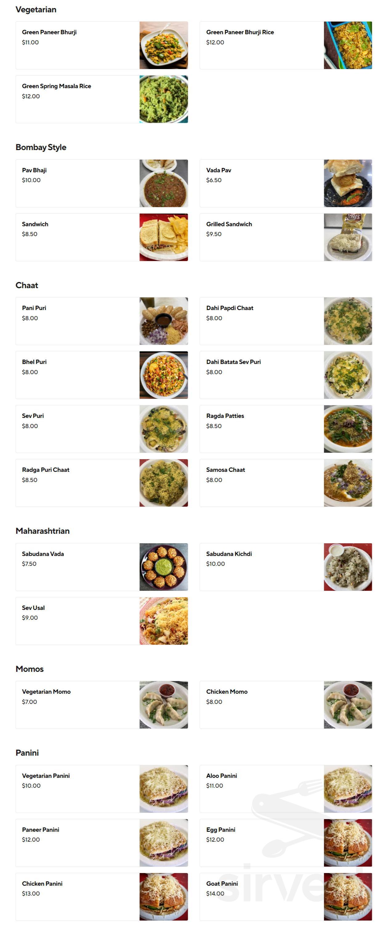 Bombay Street Food menu in Fremont, California, USA