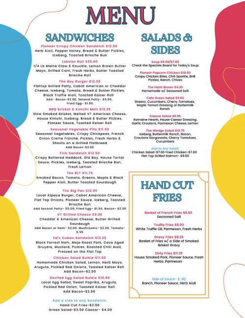 Pioneer Lakeshore Café menu in Colchester, Vermont, USA