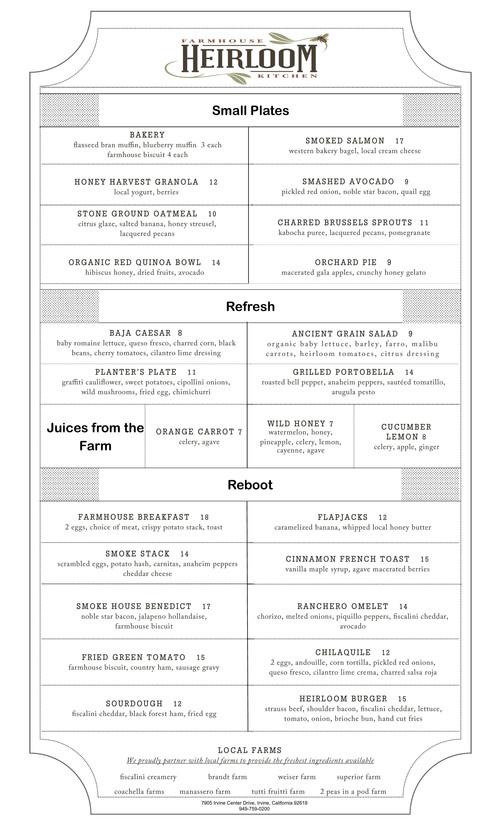 Heirloom Farmhouse Kitchen menu in Irvine, California, USA