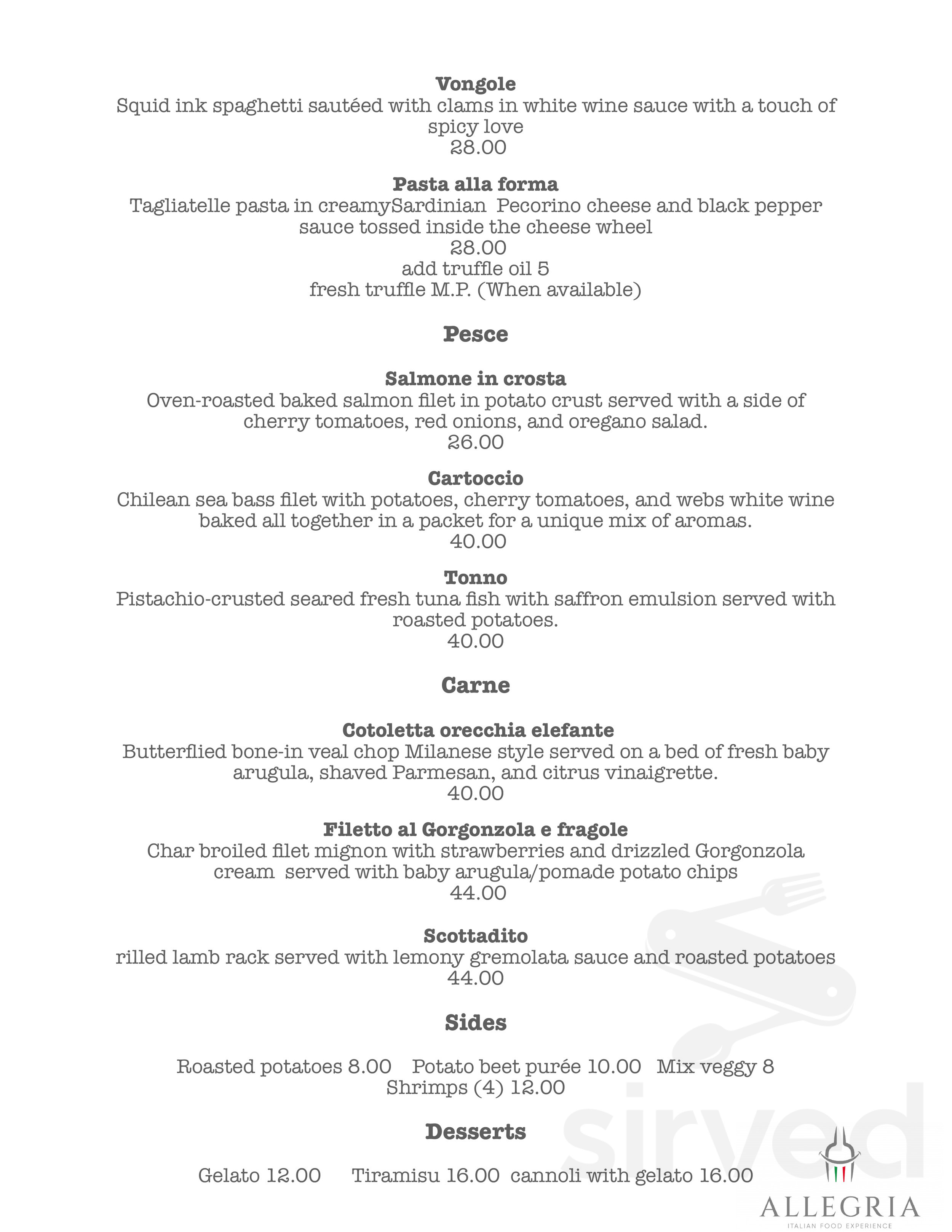 Menu for Allegria Restaurant in Hollywood, Florida, United States